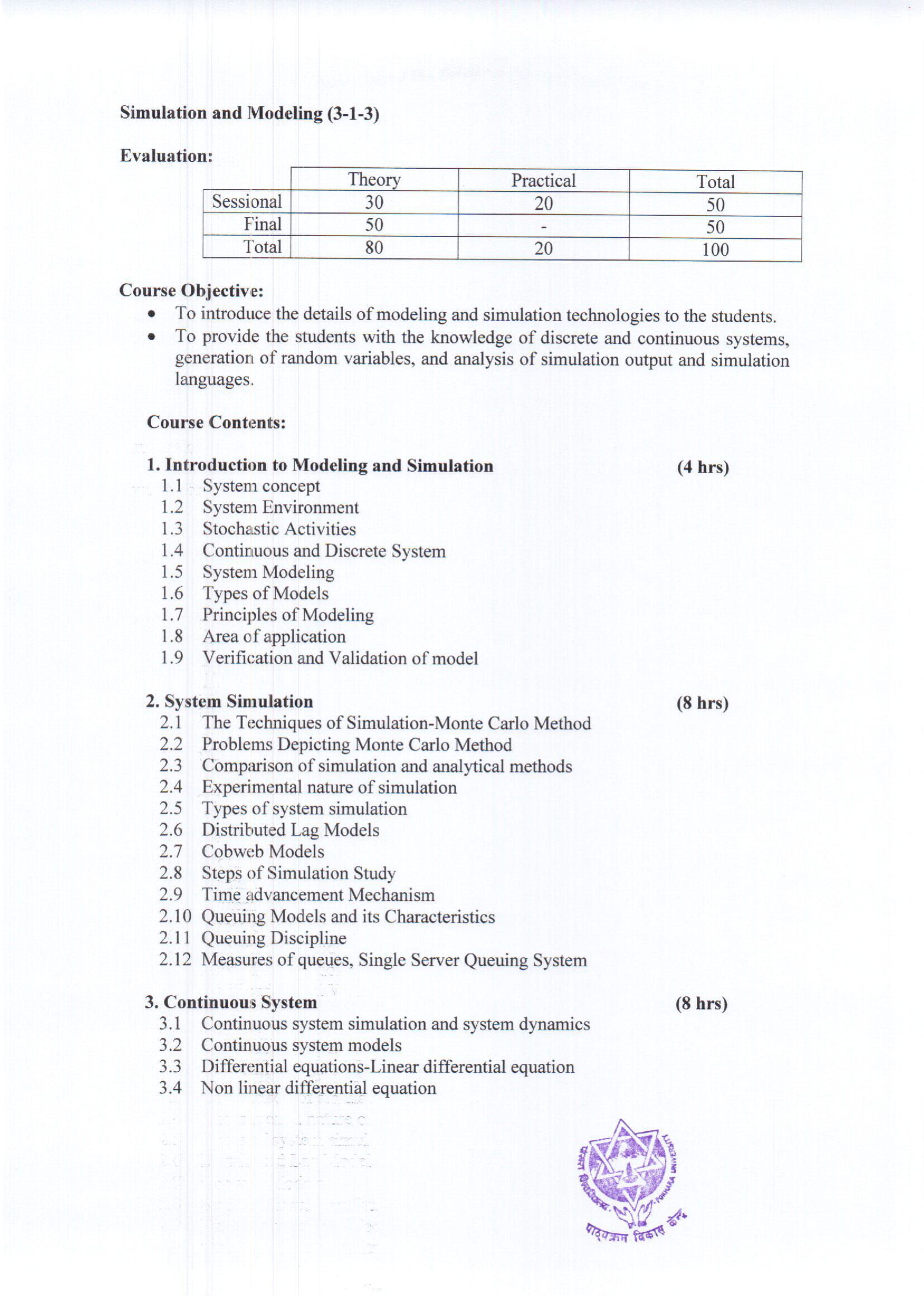 Syllabus Of Simulation And Modelling Subject From Pu